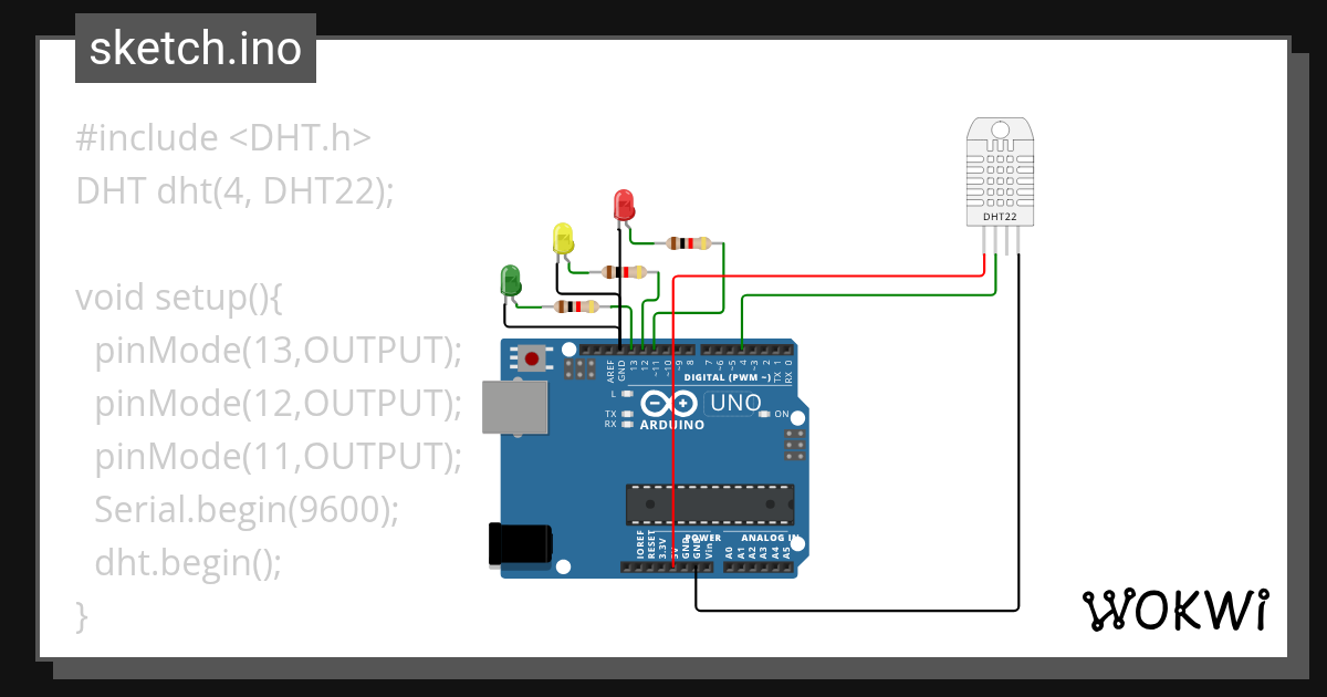 Sensor suhu dan kelembaban dengan 3 LED - Wokwi ESP32, STM32, Arduino Simulator