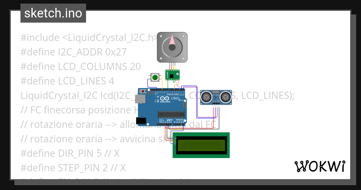 stepper singolo limit con sensore ultrasuoni - Wokwi ESP32, STM32, Arduino Simulator