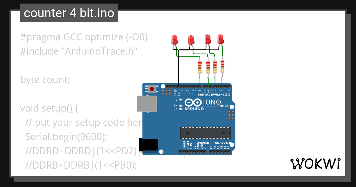 counter 4 bit ensamblador - Wokwi ESP32, STM32, Arduino Simulator