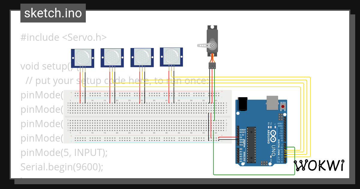 4 pir gun - Wokwi ESP32, STM32, Arduino Simulator
