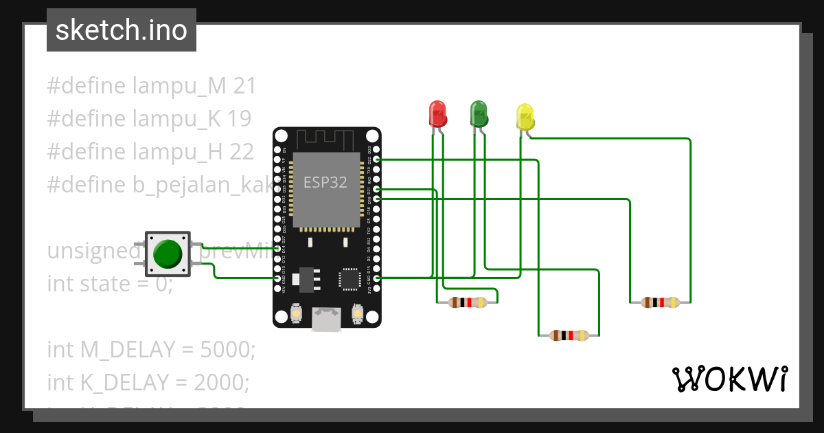 Lampu lalu lintas dengan tombol pejalan kaki - Wokwi ESP32, STM32, Arduino Simulator