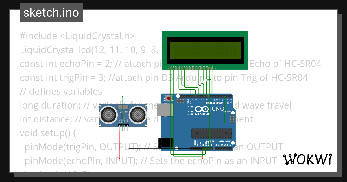 Ultrasound Distance Sensor and LCD - Wokwi ESP32, STM32, Arduino Simulator