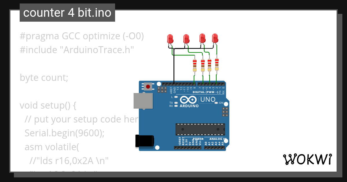 counter 4 bit ensamblador IO - Wokwi ESP32, STM32, Arduino Simulator