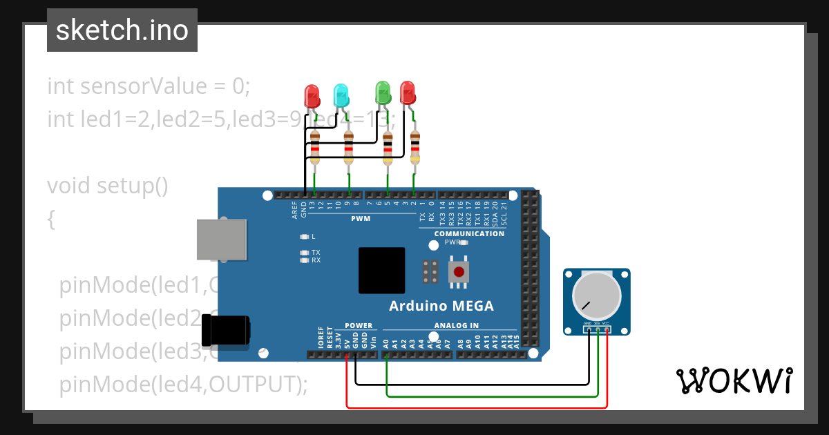 4Led Arudino MEGA - Wokwi ESP32, STM32, Arduino Simulator