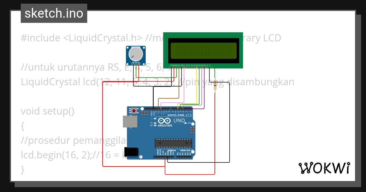 menampilkn krakter display LCD 16x2 - Wokwi ESP32, STM32, Arduino Simulator