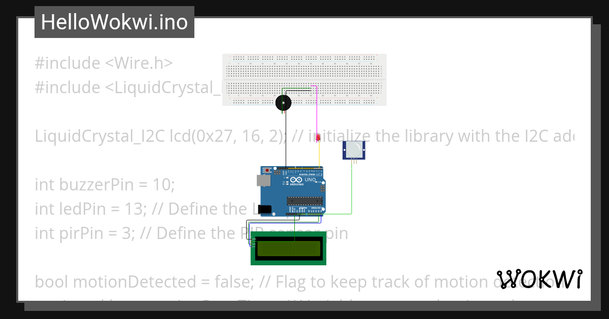 Buzzer+PIR+LCD - Wokwi ESP32, STM32, Arduino Simulator