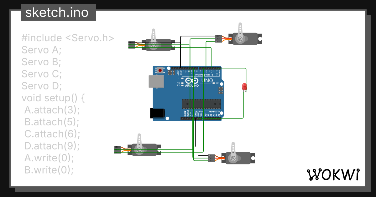 4 Servo LED - Wokwi ESP32, STM32, Arduino Simulator
