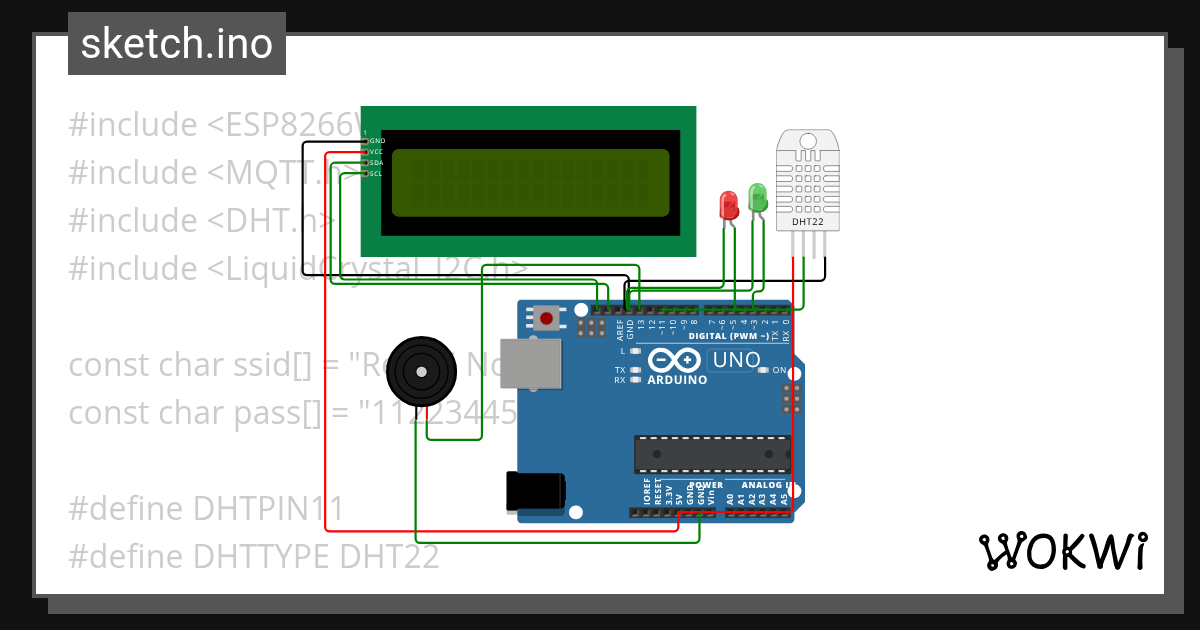 kelembaban dengan buzzer, lcd dan led - Wokwi ESP32, STM32, Arduino Simulator