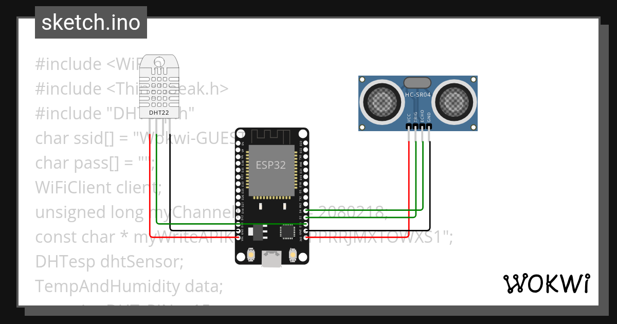 writing TEMP HUMI and DIST IN CLOUDE - Wokwi ESP32, STM32, Arduino Simulator