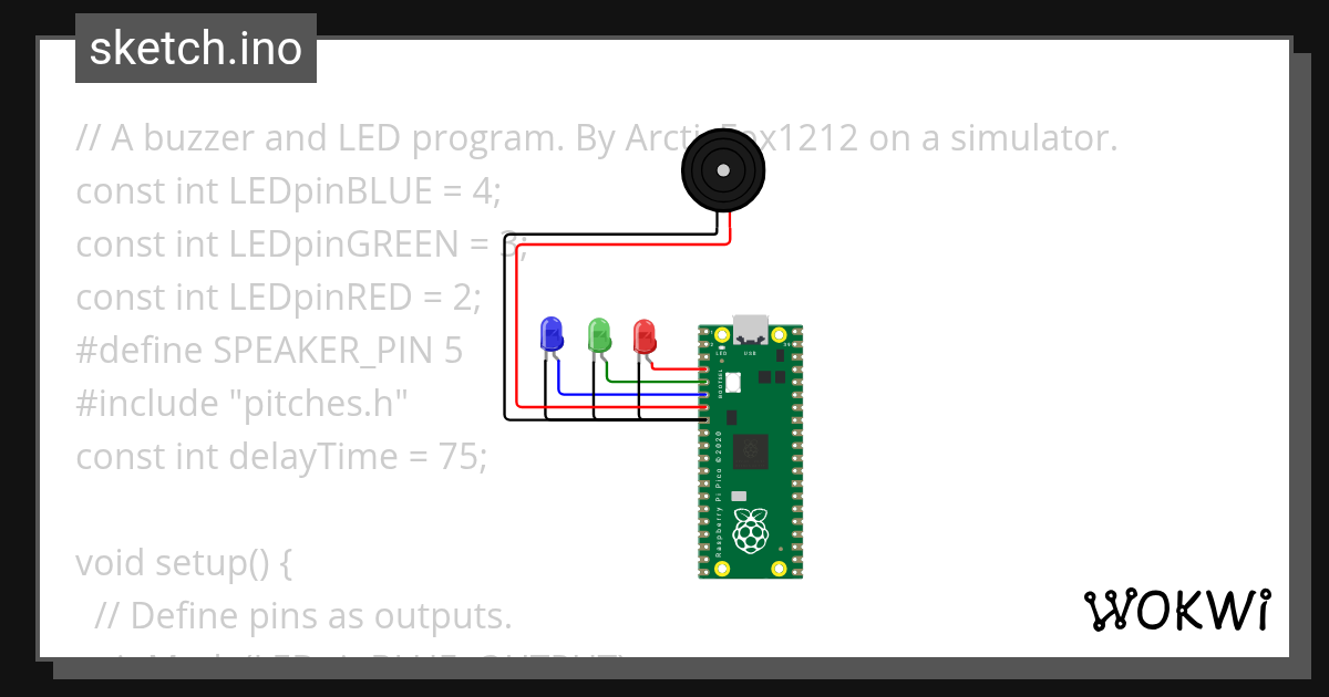 R, G, and B LED + Buzzer - Wokwi ESP32, STM32, Arduino Simulator