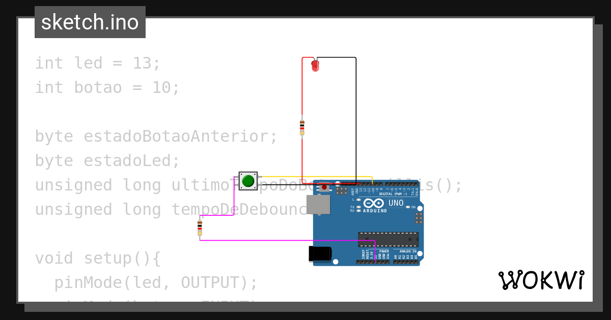 ligar o botão e desligá-lo com millis() - Wokwi ESP32, STM32, Arduino ... ligar o botão e desligá-lo com millis() - Wokwi ESP32, STM32, Arduino ...