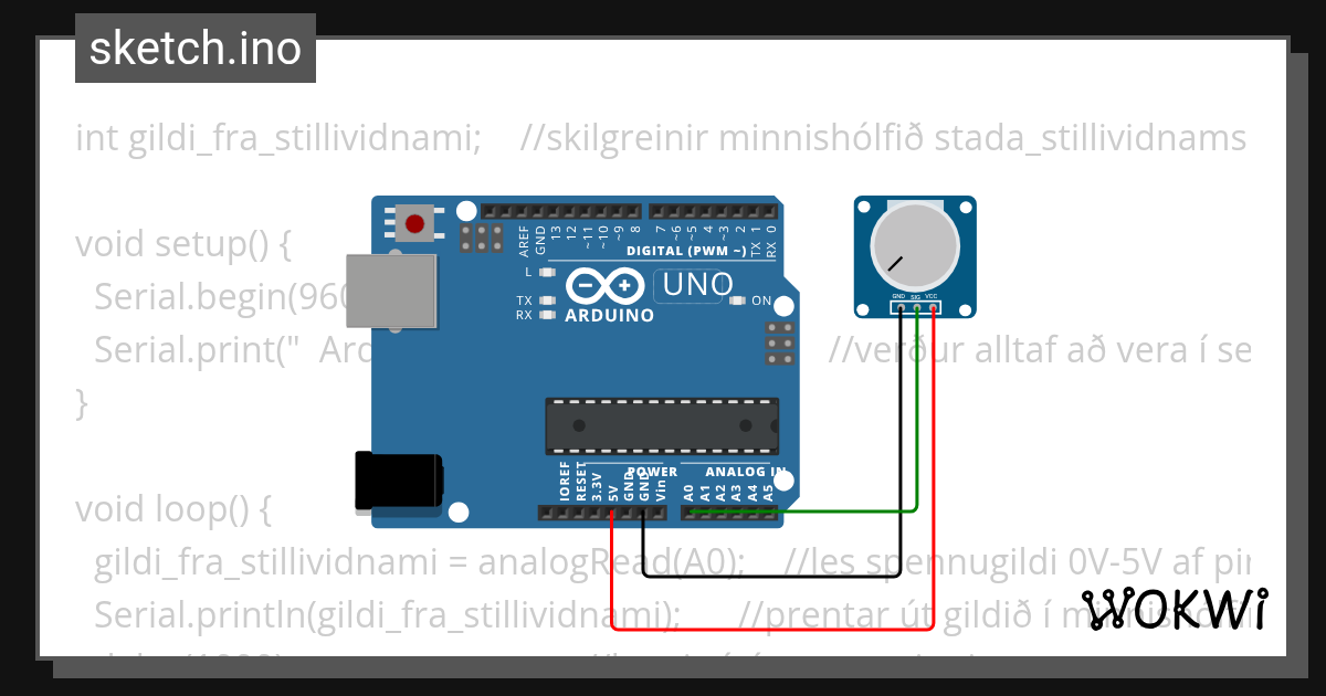 Kóðadæmi - stillividnam (analog input) Copy Copy Copy Copy - Wokwi ESP32, STM32, Arduino Simulator