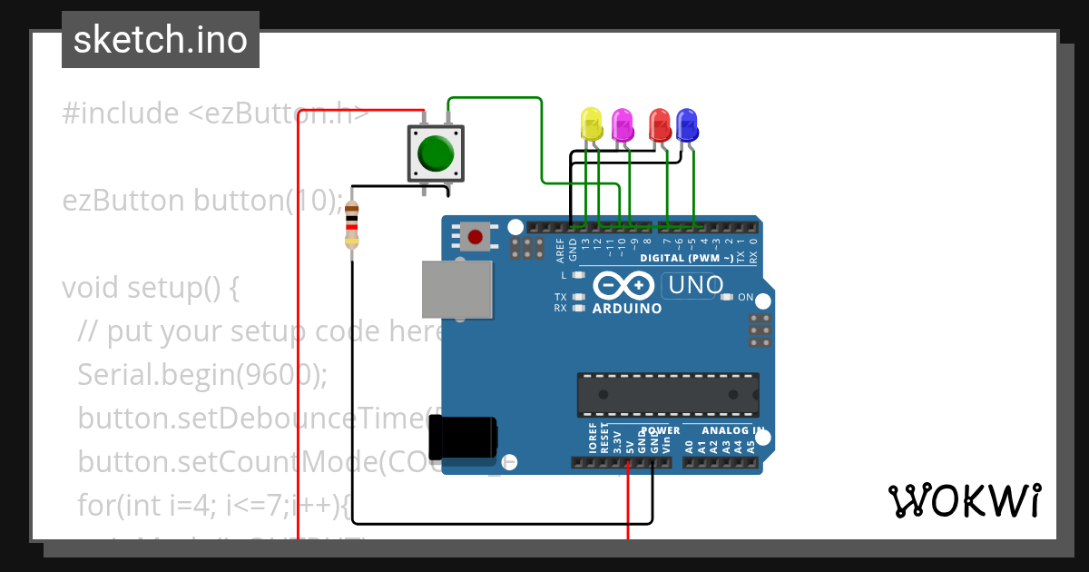 blinking LED by count by pressing button - Wokwi ESP32, STM32, Arduino ...