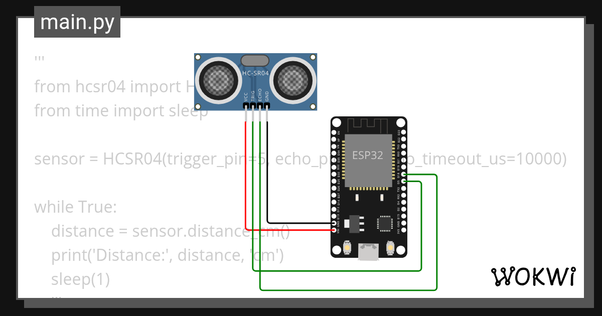 Ultrasonic sensor .py - Wokwi ESP32, STM32, Arduino Simulator