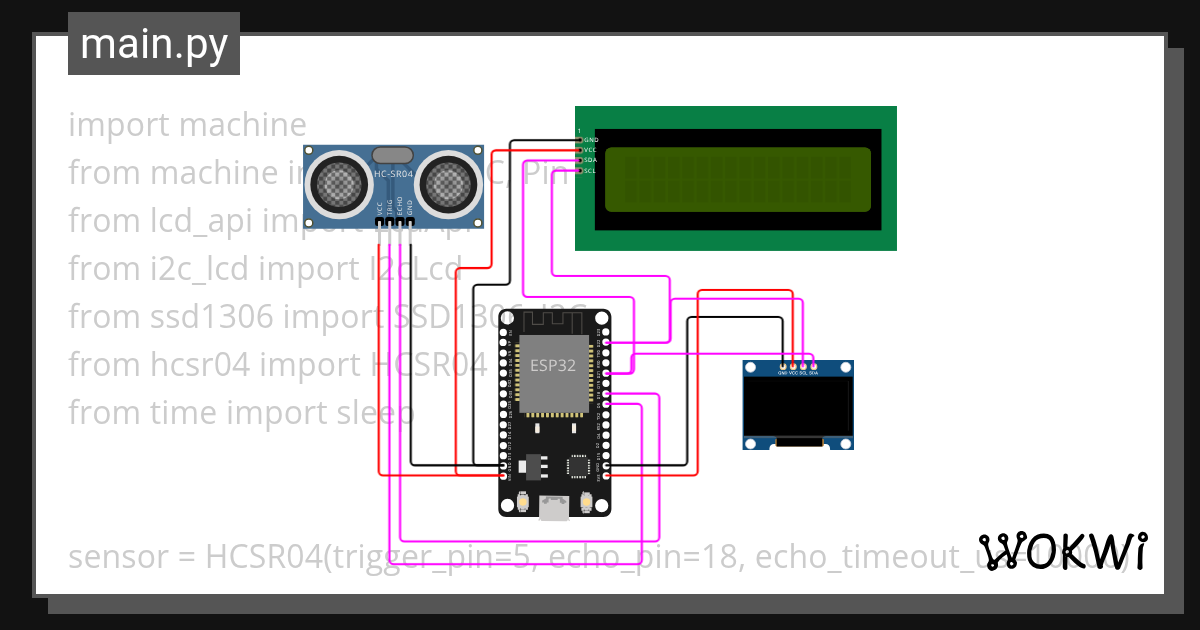 Ultrasonic sensor in OLED and LCD.py - Wokwi ESP32, STM32, Arduino Simulator