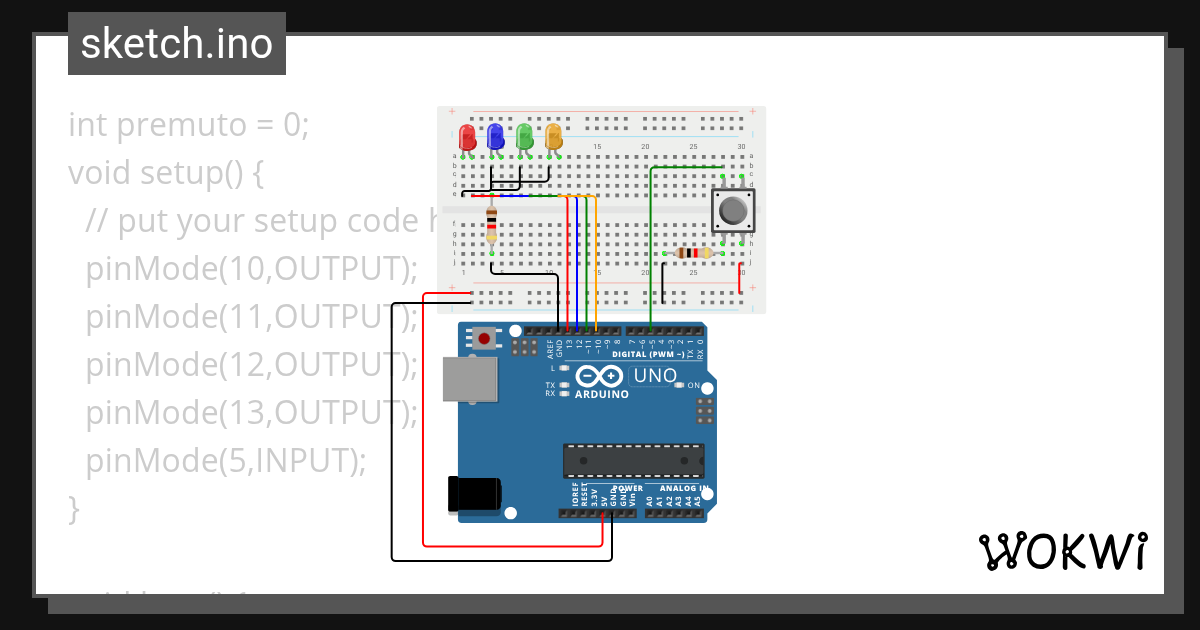 1 bottone 4 led muzzuppa - Wokwi ESP32, STM32, Arduino Simulator