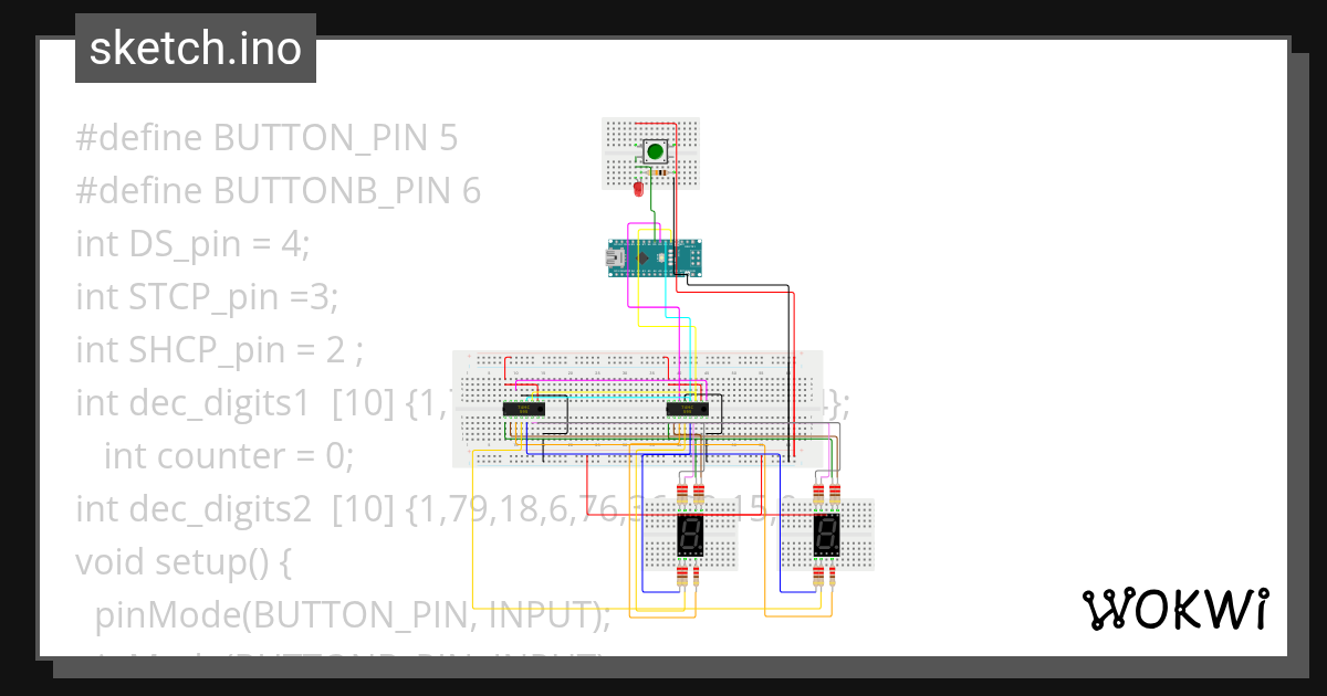 contatore 2 digit 7 segmenti con 74hc595 Copy2 - Wokwi ESP32, STM32, Arduino Simulator