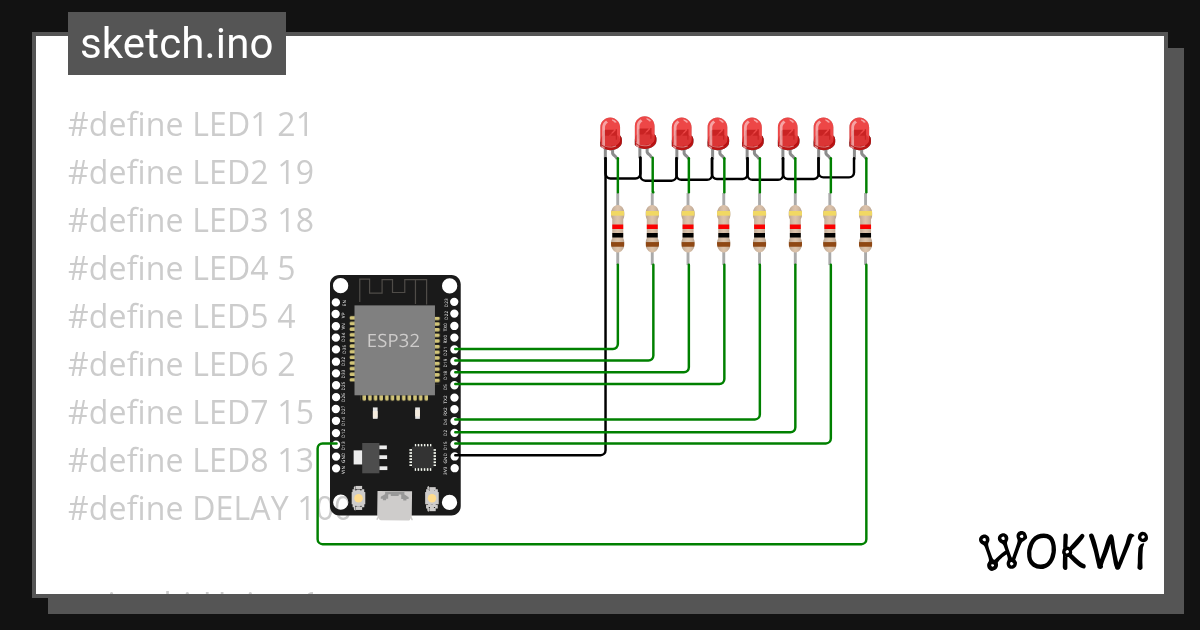 ESP32 chasing LEDs - Wokwi ESP32, STM32, Arduino Simulator