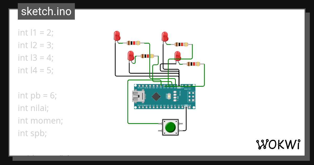 4 led 1 tombol press and release - Wokwi ESP32, STM32, Arduino Simulator