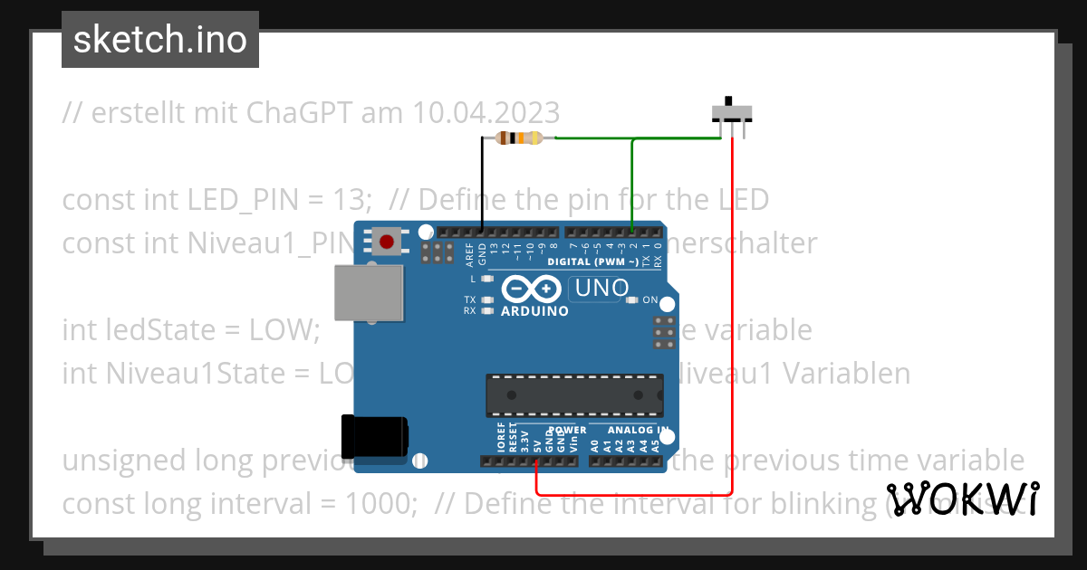 004 Blinken mit millis und Niveauschalter - Wokwi ESP32, STM32, Arduino Simulator