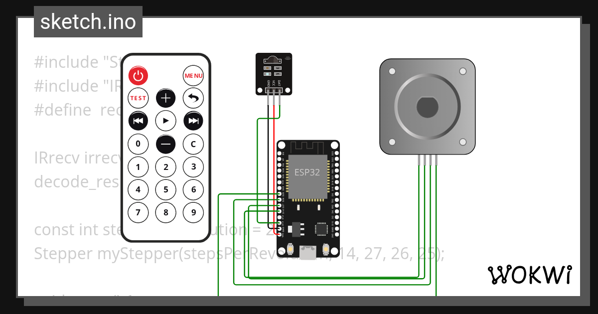 cotrolled stepper motor using ir remote - Wokwi ESP32, STM32, Arduino Simulator
