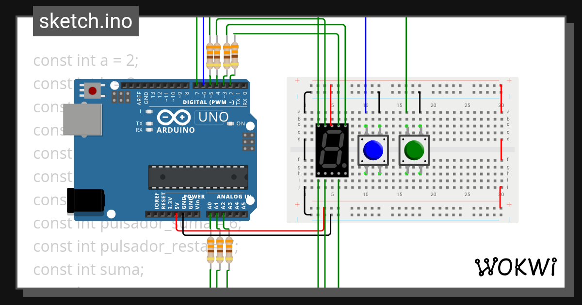 PRACTICA 1 SUM Y REST CONT 7 SEG - Wokwi ESP32, STM32, Arduino Simulator