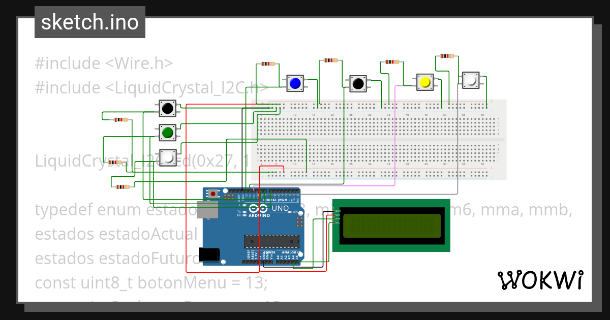 Proyecto Digital Menu 2 con Estados y 3 botones - Wokwi ESP32, STM32, Arduino Simulator