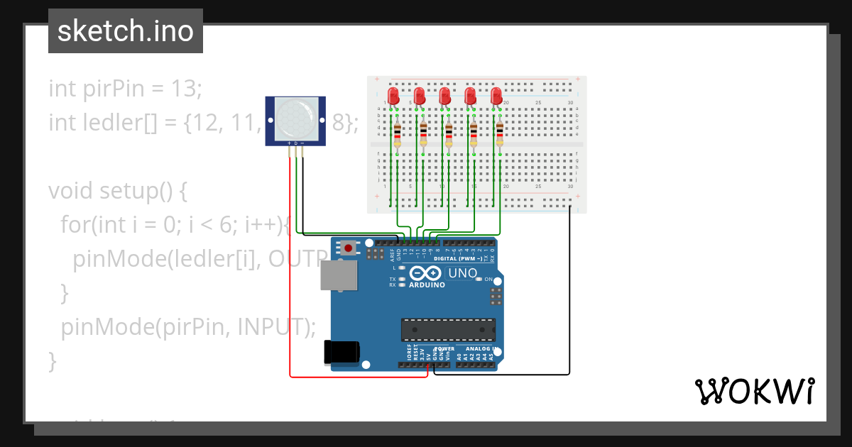 Pir Sensörü Ile Bir Dizi Led Yakma Wokwi Esp32 Stm32 Arduino Simulator 