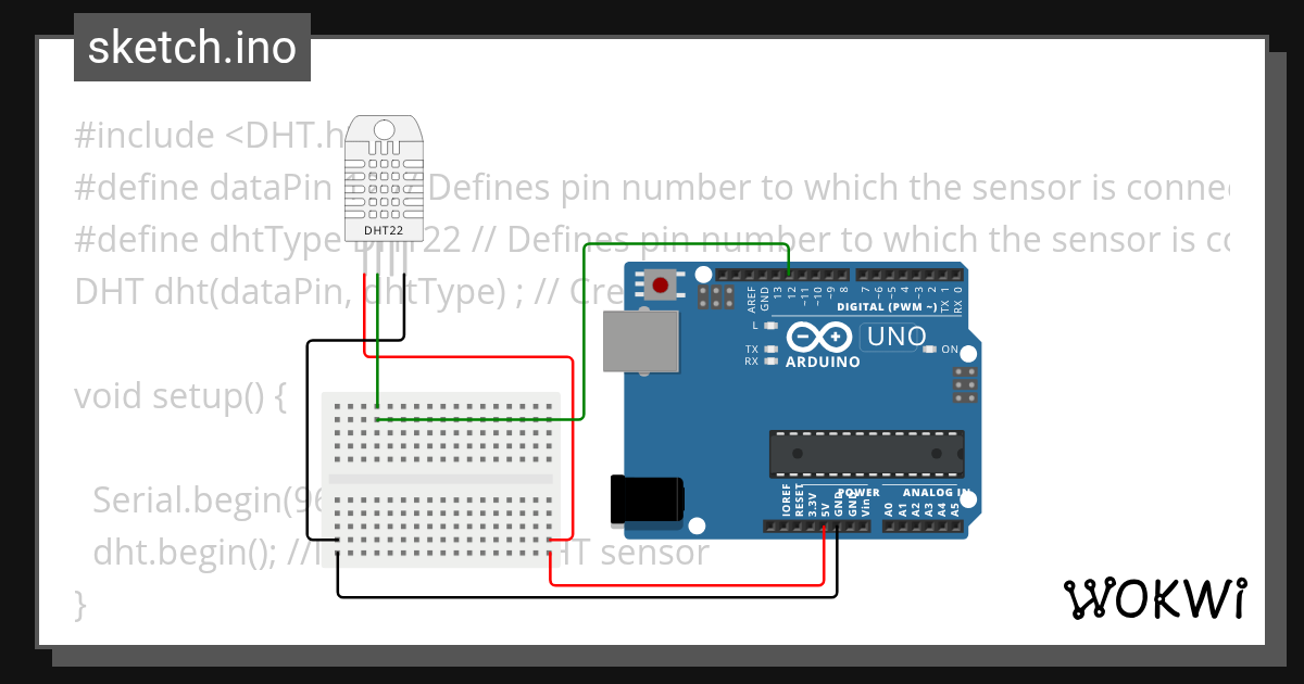 Arduino DHT22 With Bread Board - Wokwi ESP32, STM32, Arduino Simulator