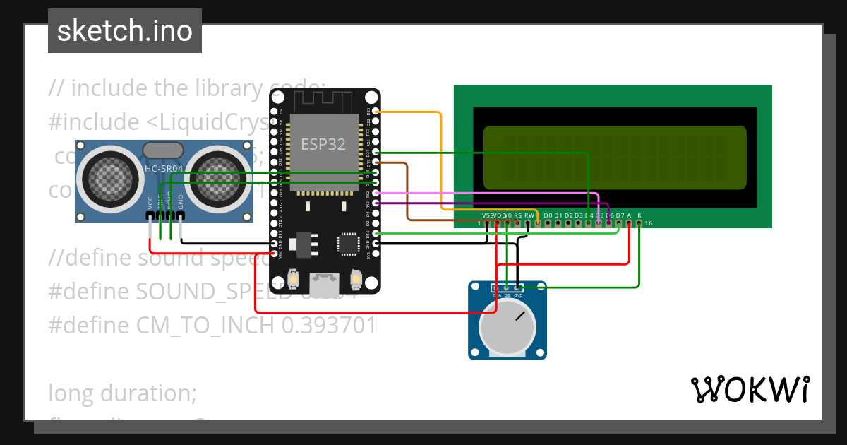 US sensor-ESP 32-LCD - Wokwi ESP32, STM32, Arduino Simulator