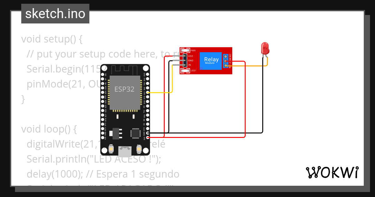 Ativando relé com ESP32 - Wokwi ESP32, STM32, Arduino Simulator