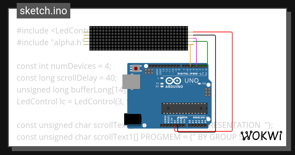 MAX7219: Scrolling Text Correct - Wokwi ESP32, STM32, Arduino Simulator