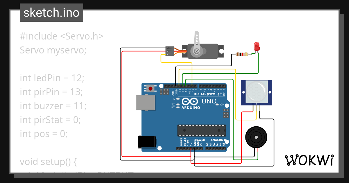 Build a smart home in tinkercad with pir sensor and servo motor and led,buzzer Copy - Wokwi ...