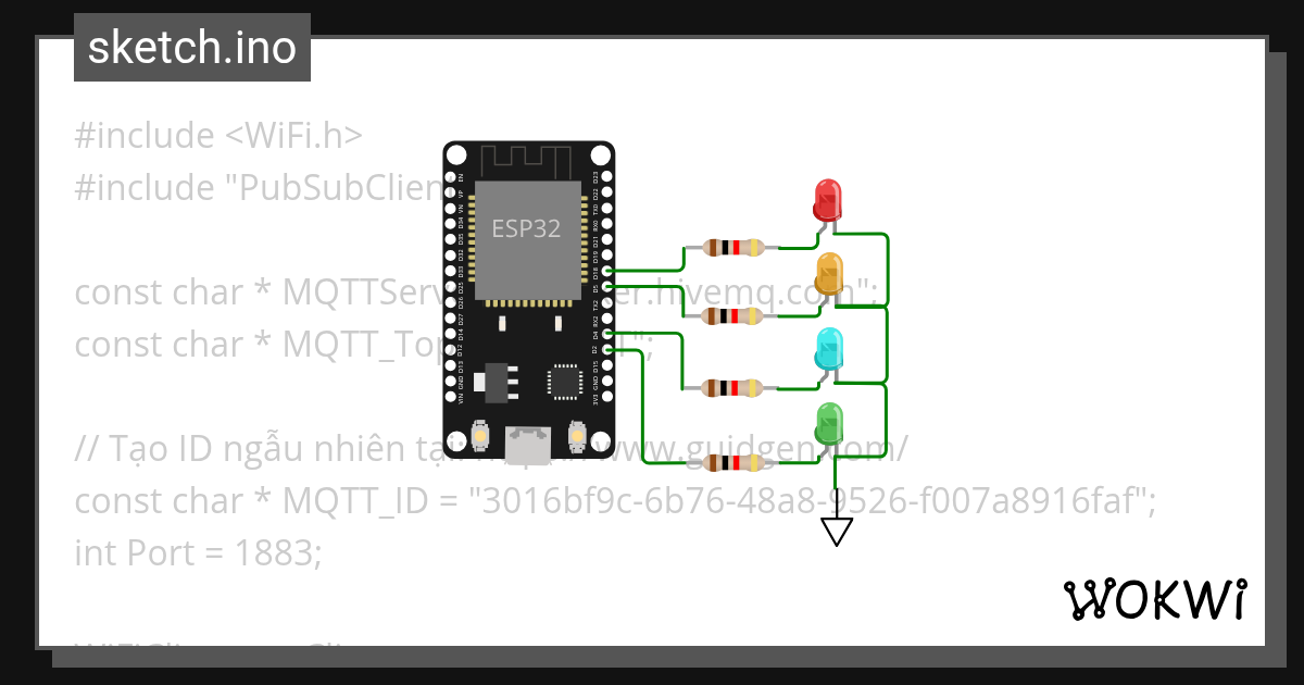 MQTT-4-led-Lần lượt chớp tắt ngẫu nhiên 1 đèn LED bất kỳ - Wokwi ESP32, STM32, Arduino Simulator