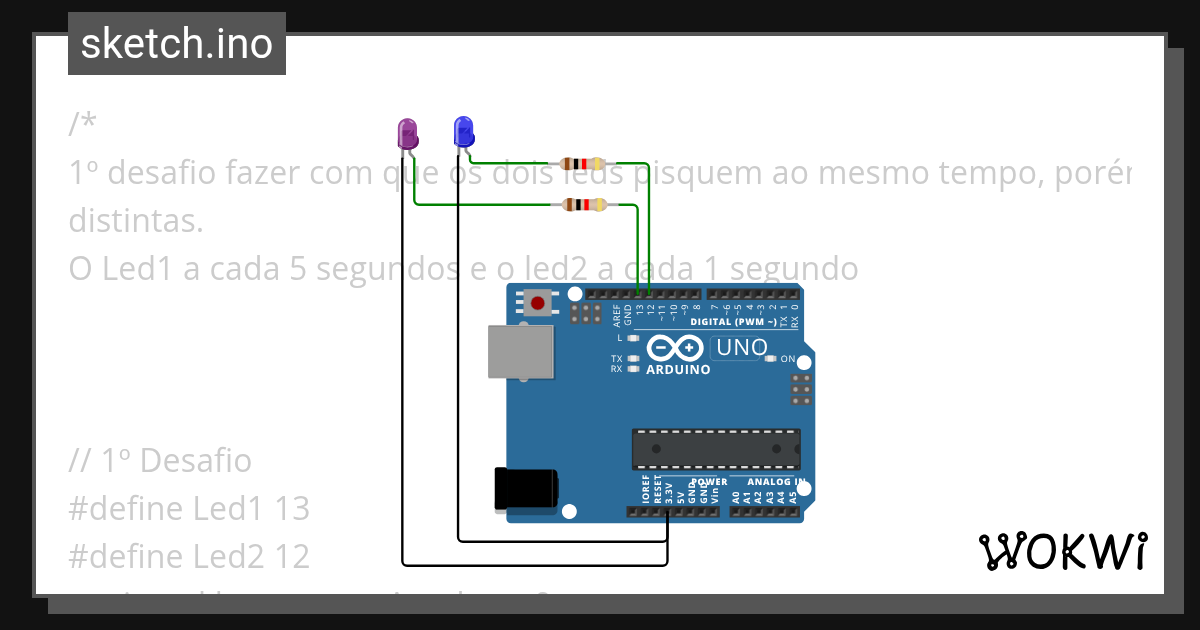 3 Leds que pisquem ao mesmo tempo com frequências distintas - Wokwi ESP32, STM32, Arduino Simulator