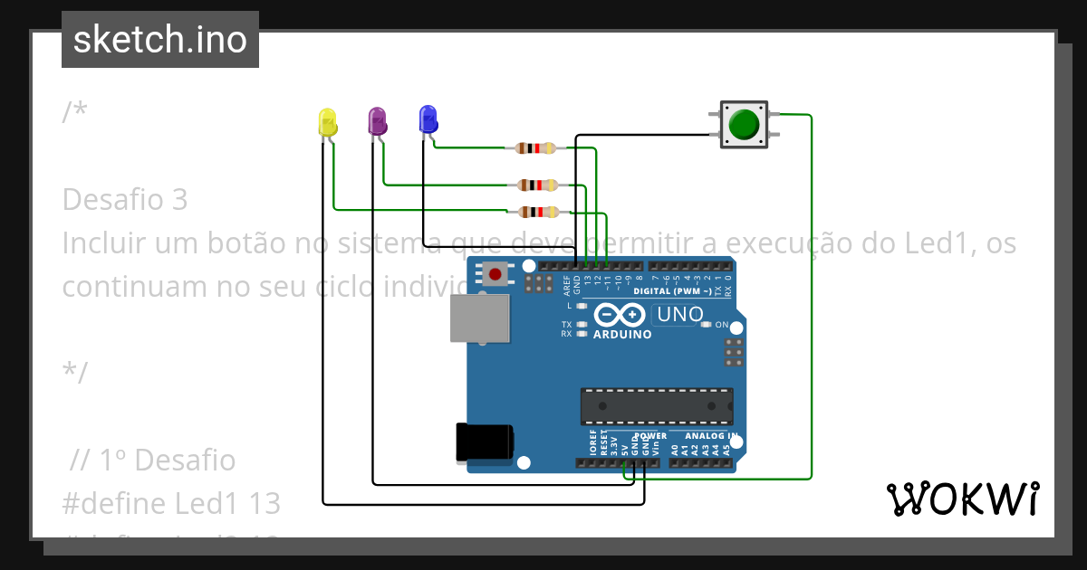 3 Leds e botão - Wokwi ESP32, STM32, Arduino Simulator