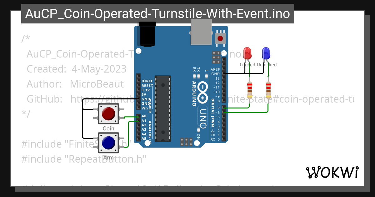 Finite-State - Examples: Coin-Operated-Turnstile-With-Event.ino - Wokwi ESP32, STM32, Arduino ...