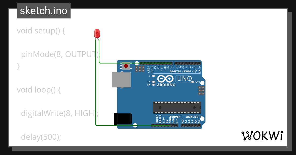 Pin 8, LED, 0,5s ein, 1s aus - Wokwi ESP32, STM32, Arduino Simulator Pin 8, LED, 0,5s ein, 1s aus - Wokwi ESP32, STM32, Arduino Simulator