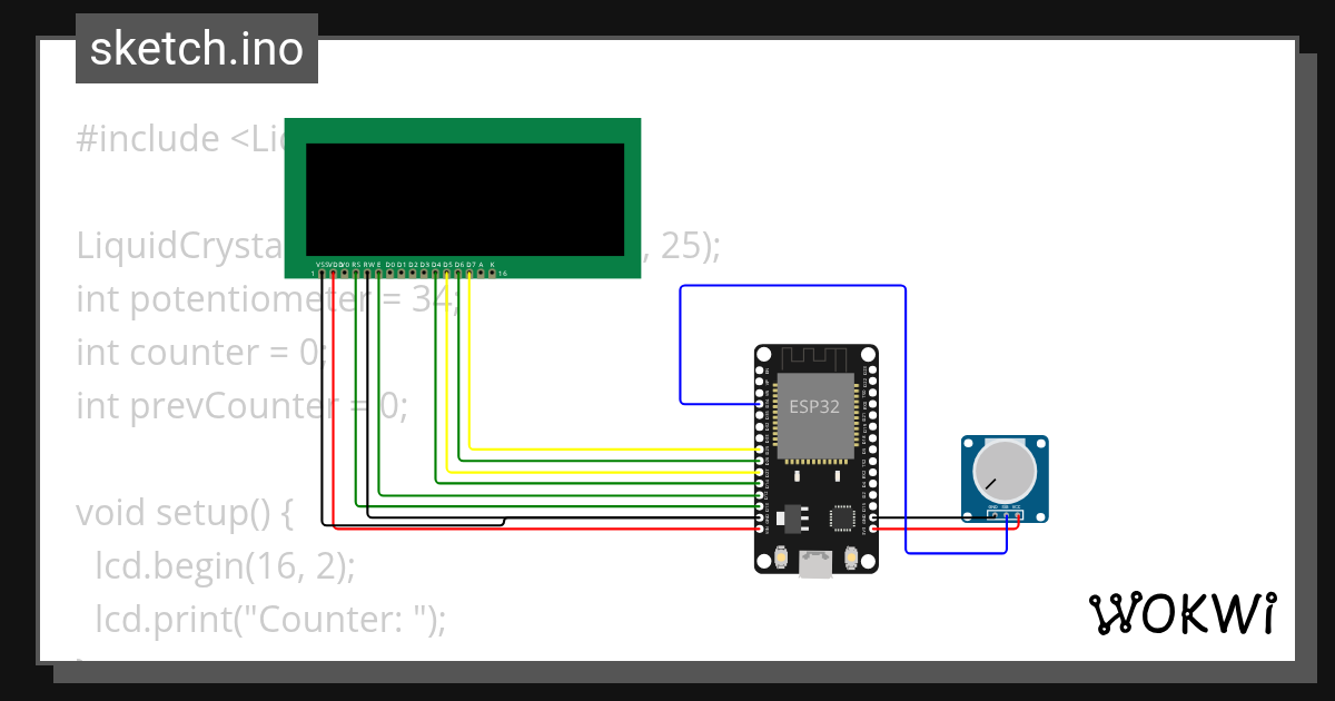 display lcd p-8.2 PONTIOMETER COUNTER 1-10 - Wokwi ESP32, STM32, Arduino Simulator