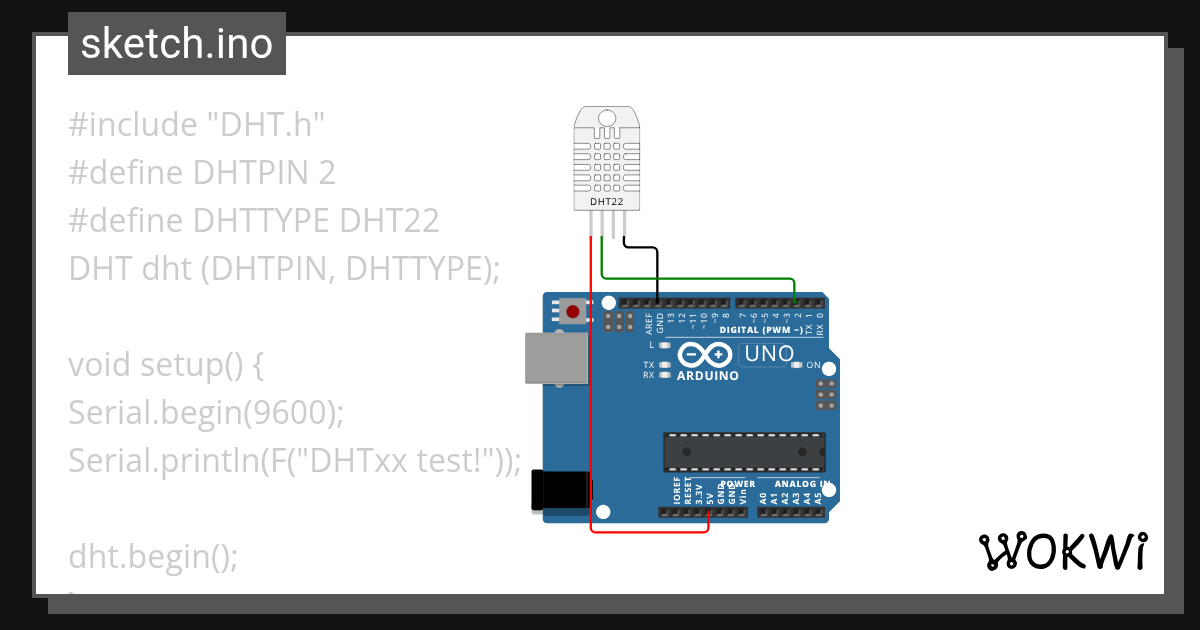 rangkaian sensor DHT22 - Wokwi ESP32, STM32, Arduino Simulator