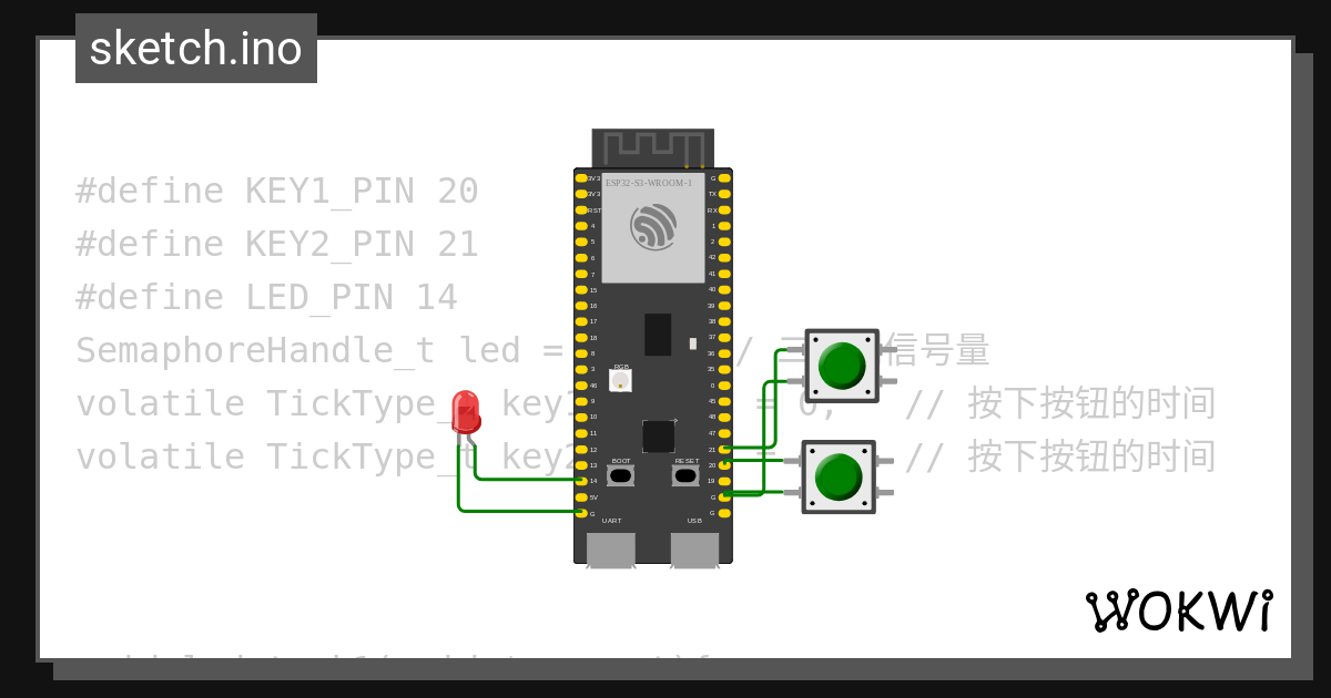 两个按键分别控制小灯开关 Copy Wokwi Esp32 Stm32 Arduino Simulator 8160