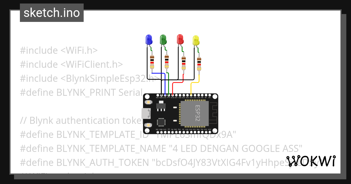 kotrol 4 led dengan google assistan - Wokwi ESP32, STM32, Arduino Simulator