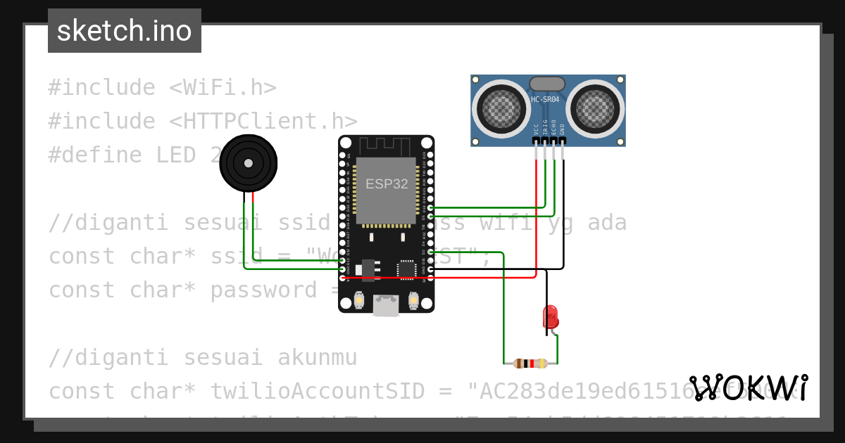 Sensor Ultrasonik Buzzer And Led With Twilio Wokwi Esp32 Stm32 Arduino Simulator