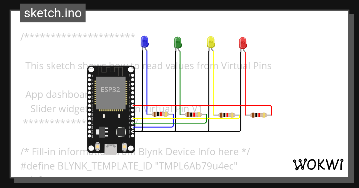 4 LED GOOGLE ASSISTANT - Wokwi ESP32, STM32, Arduino Simulator