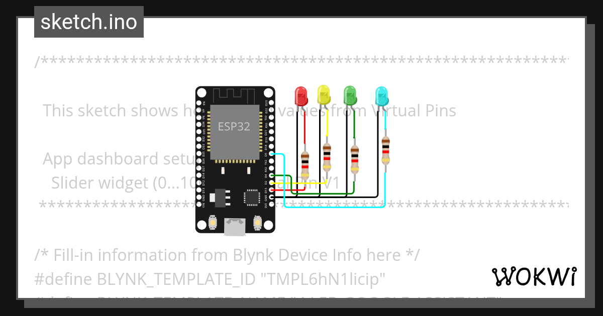 EVI LED GOOGLE ASSISTANT - Wokwi ESP32, STM32, Arduino Simulator