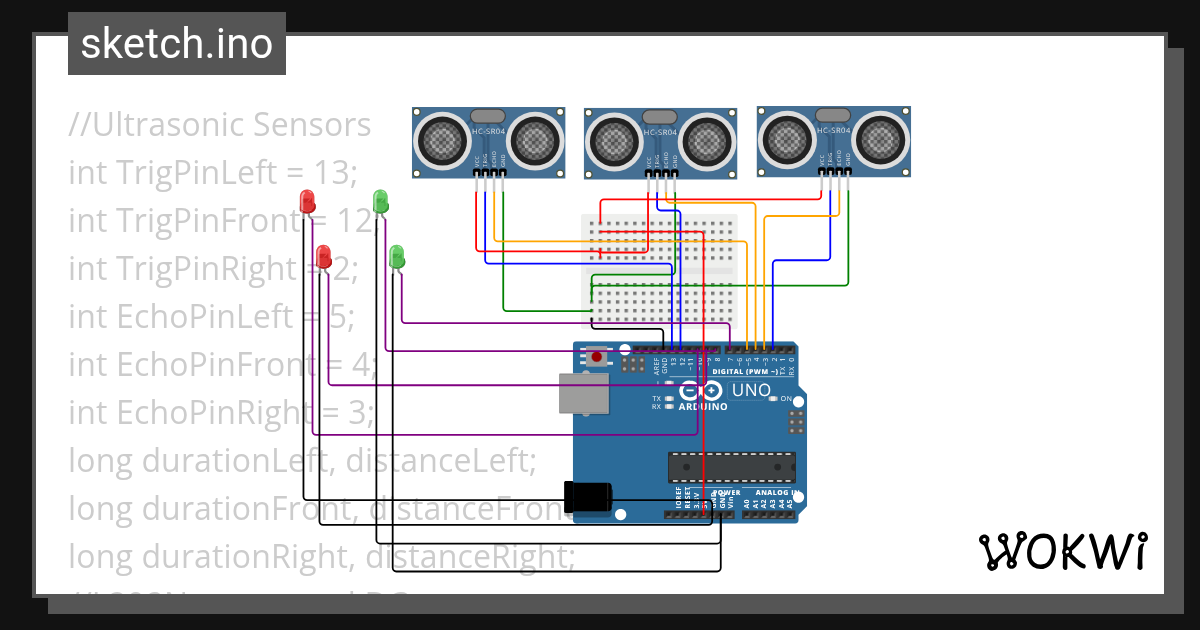 Obstacle Avoidance - Try 1 (LED=L298N) Experiment - Wokwi ESP32, STM32, Arduino Simulator