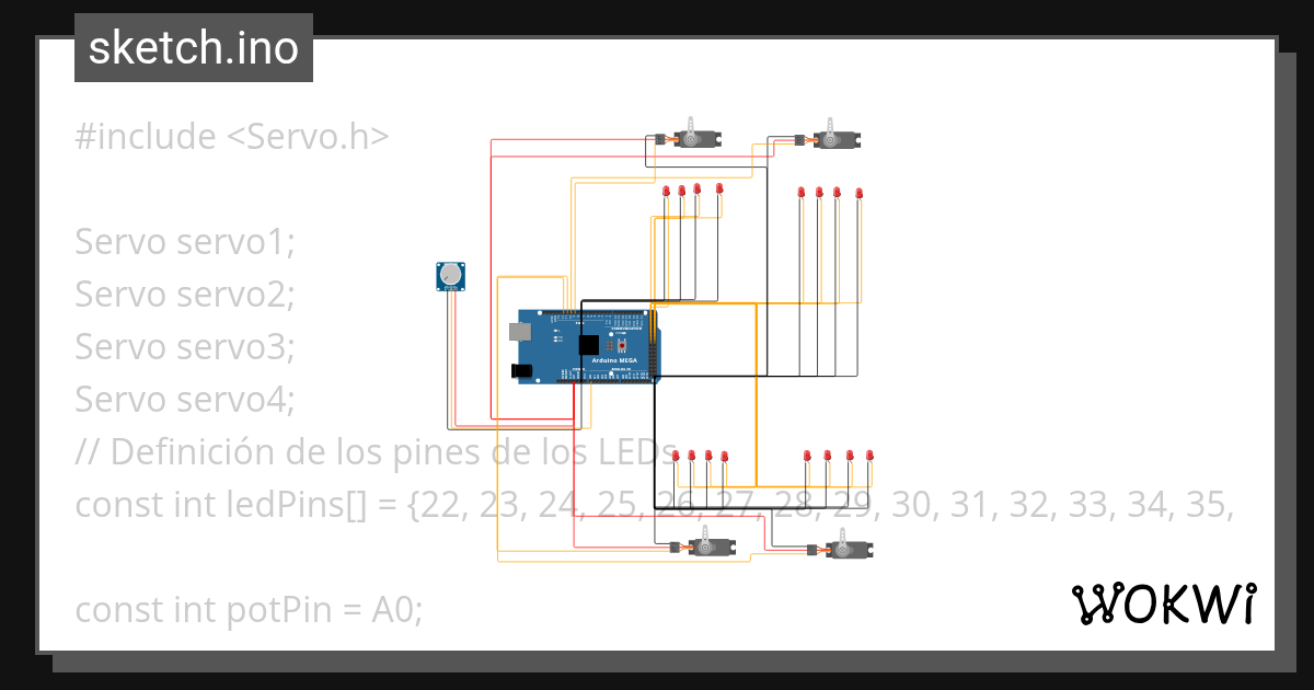 movimiento de 4 servos - Wokwi ESP32, STM32, Arduino Simulator