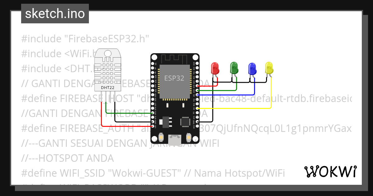 RIZALUL_DHT22 dan 4 LED - Wokwi ESP32, STM32, Arduino Simulator