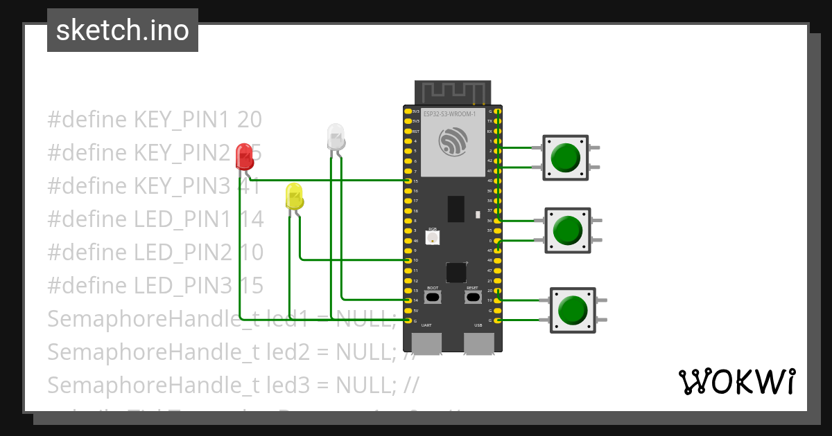 三个按键控制三个小灯 Wokwi Esp32 Stm32 Arduino Simulator