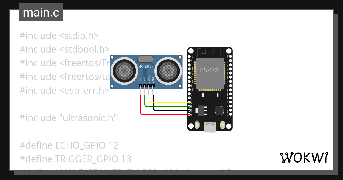 Ultrasonic sensor detect distance - Wokwi ESP32, STM32, Arduino Simulator